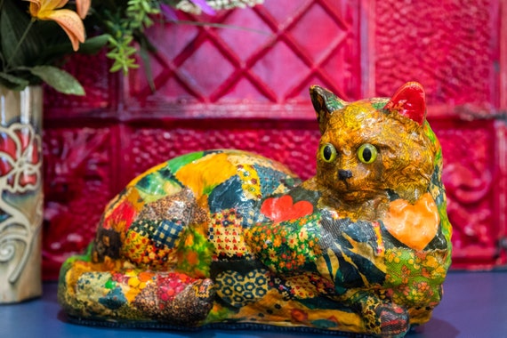 Big Cat Sculpture 1970's Handmade Fabric Covered Patchwork - Etsy