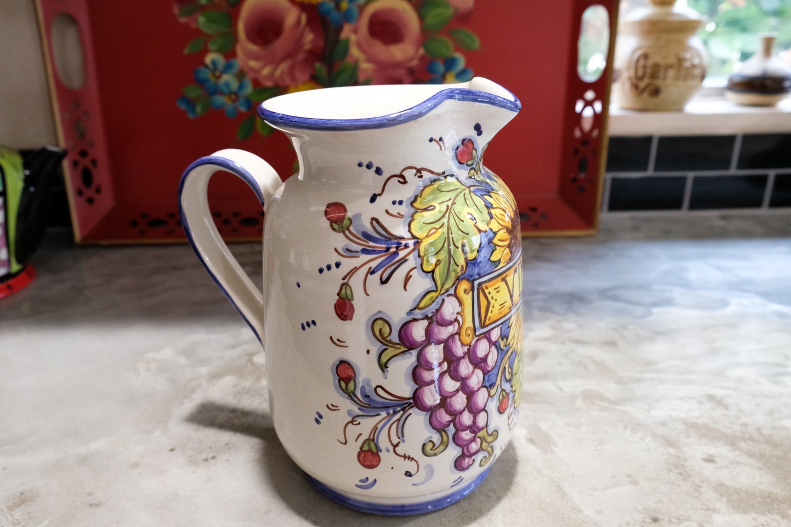 Large Signed Pitcher Hand Painted Grapes Leaves Vino Jar | Etsy