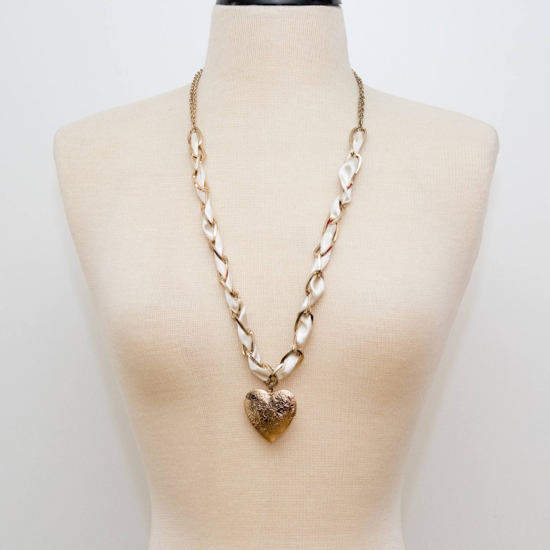 Heart Locket Gold Chain Silky Smooth Ivory Ribbon Statement Bold Metal ...