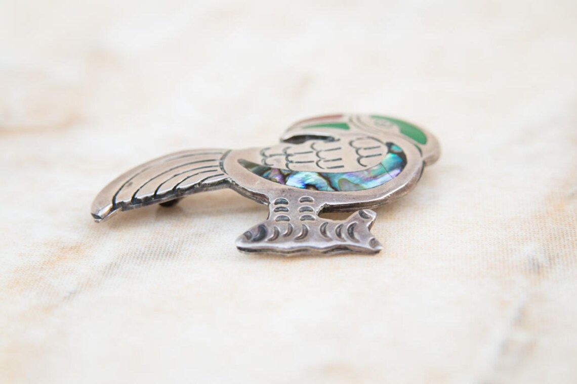 Sterling Parrot Brooch Abalone Enamel Turquoise Coral Tropical Lapel ...