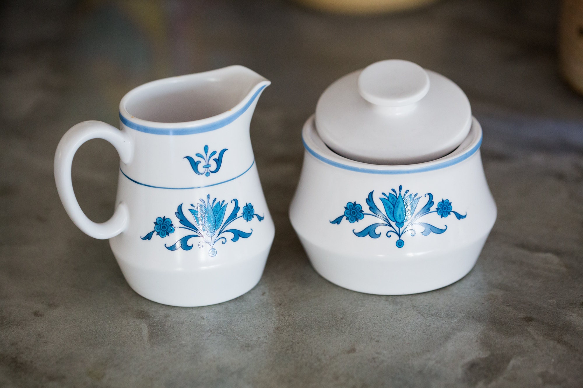 White Blue Ceramic Milk Creamer Sugar Bowl Pitcher Floral Kitchen ...