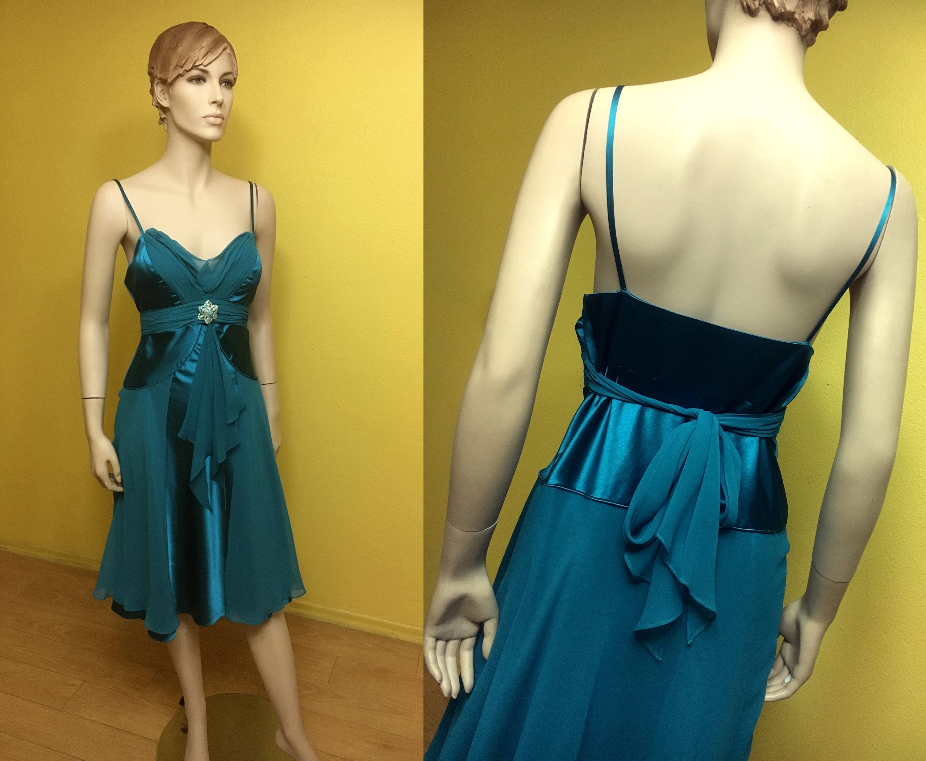 Turquoise Formal Dress Emerald Green Gown Silver Brooch Crystal Special ...