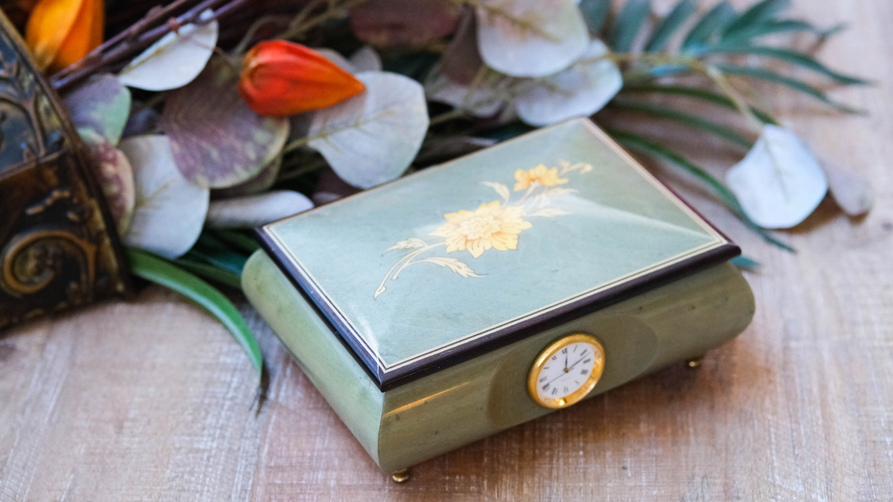 Music Box Floral Jewelry Vanity Storage Clock Box Decor Glazed | Etsy