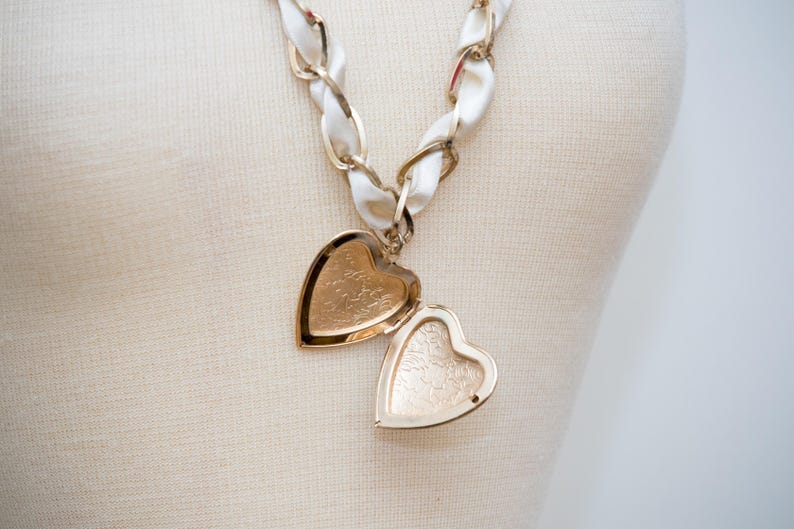 Heart Locket Gold Chain Silky Smooth Ivory Ribbon Statement - Etsy