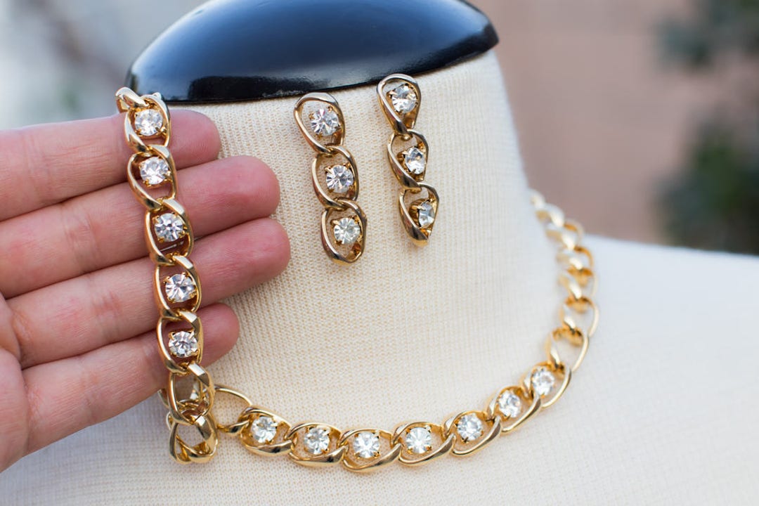 Gold Plated Jewelry Set Link Chain With Cubic Zirconia Vintage Choker ...