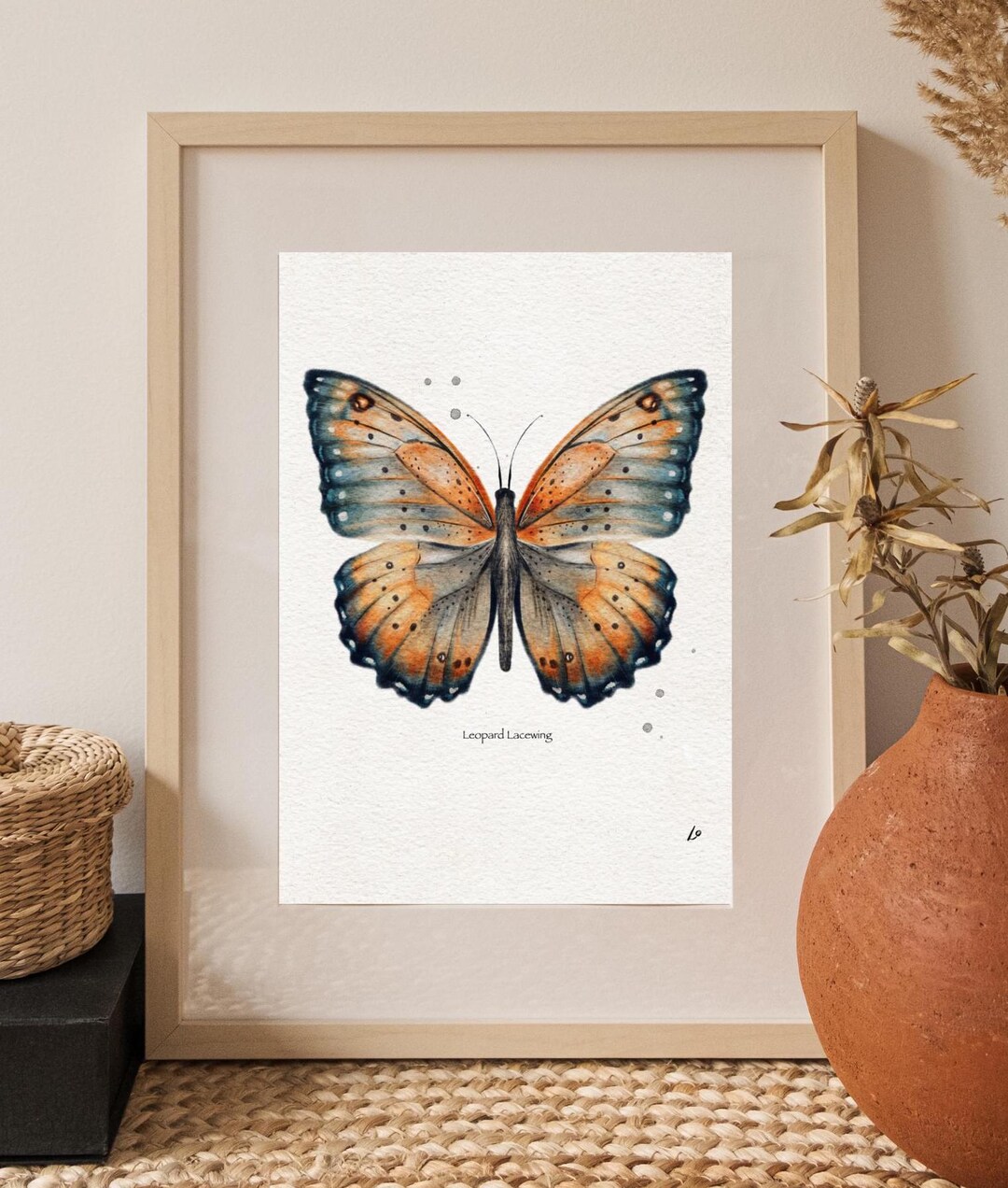 Orange & Blue Leopard Lacewing Butterfly Print Wall Art, Pencil Drawing ...