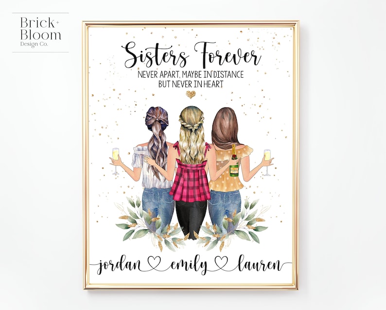 Custom 3 Sisters Portrait | PRINTABLE Personalized Birthday Gift ...