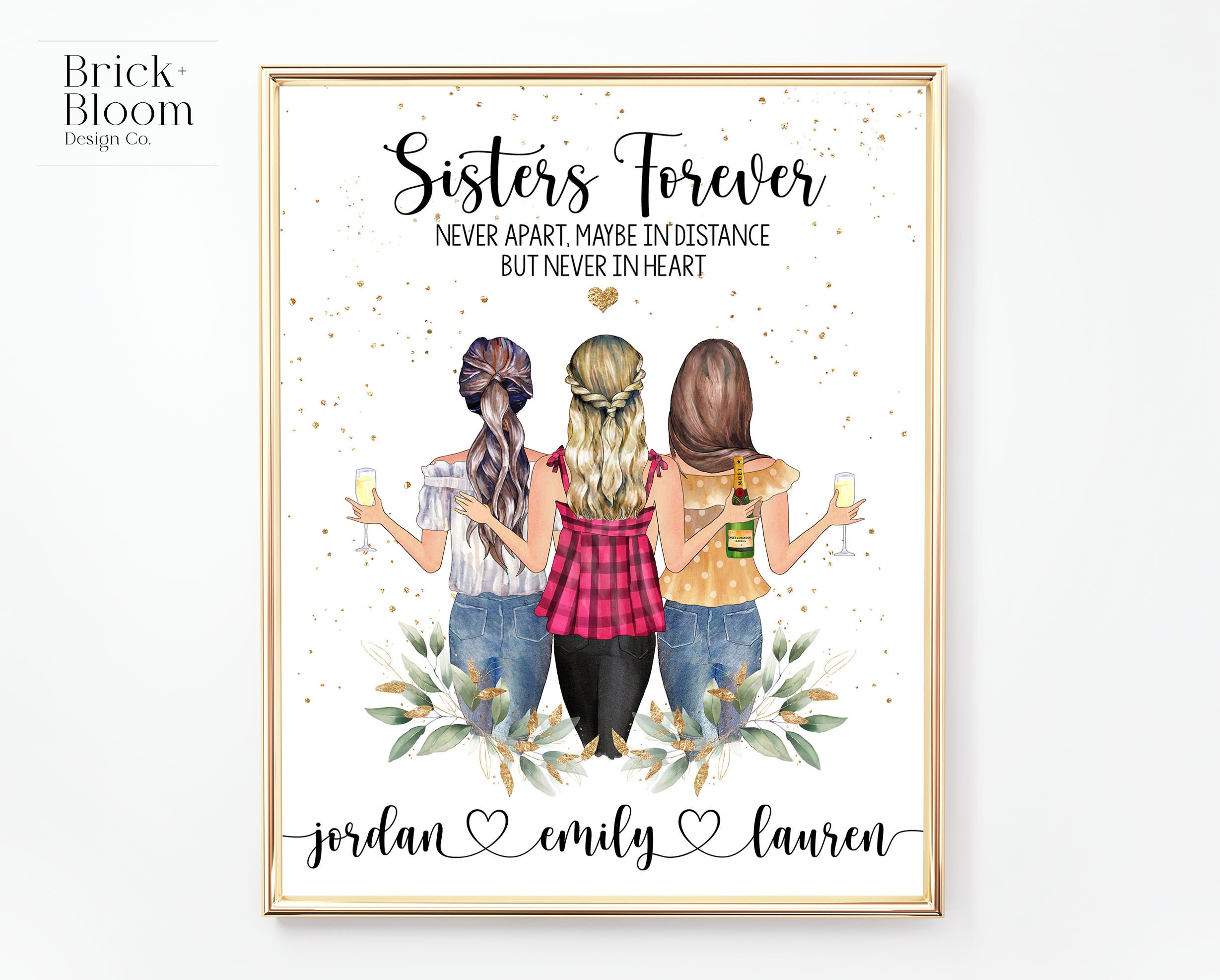 Custom 3 Sisters Portrait | PRINTABLE Personalized Birthday Gift ...