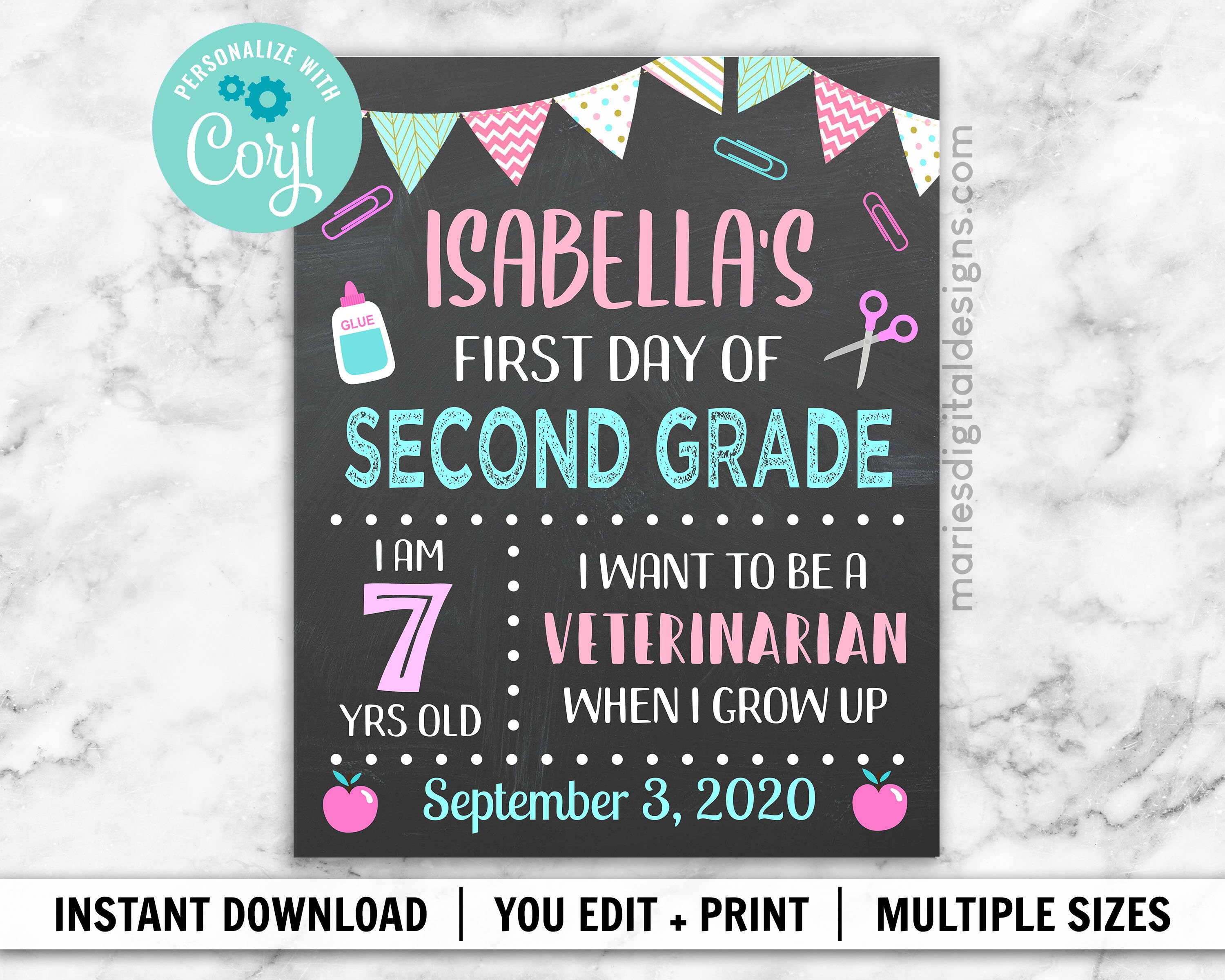 Banners & Signs First Day of First Grade Sign Girl Pink Purple Back to ...