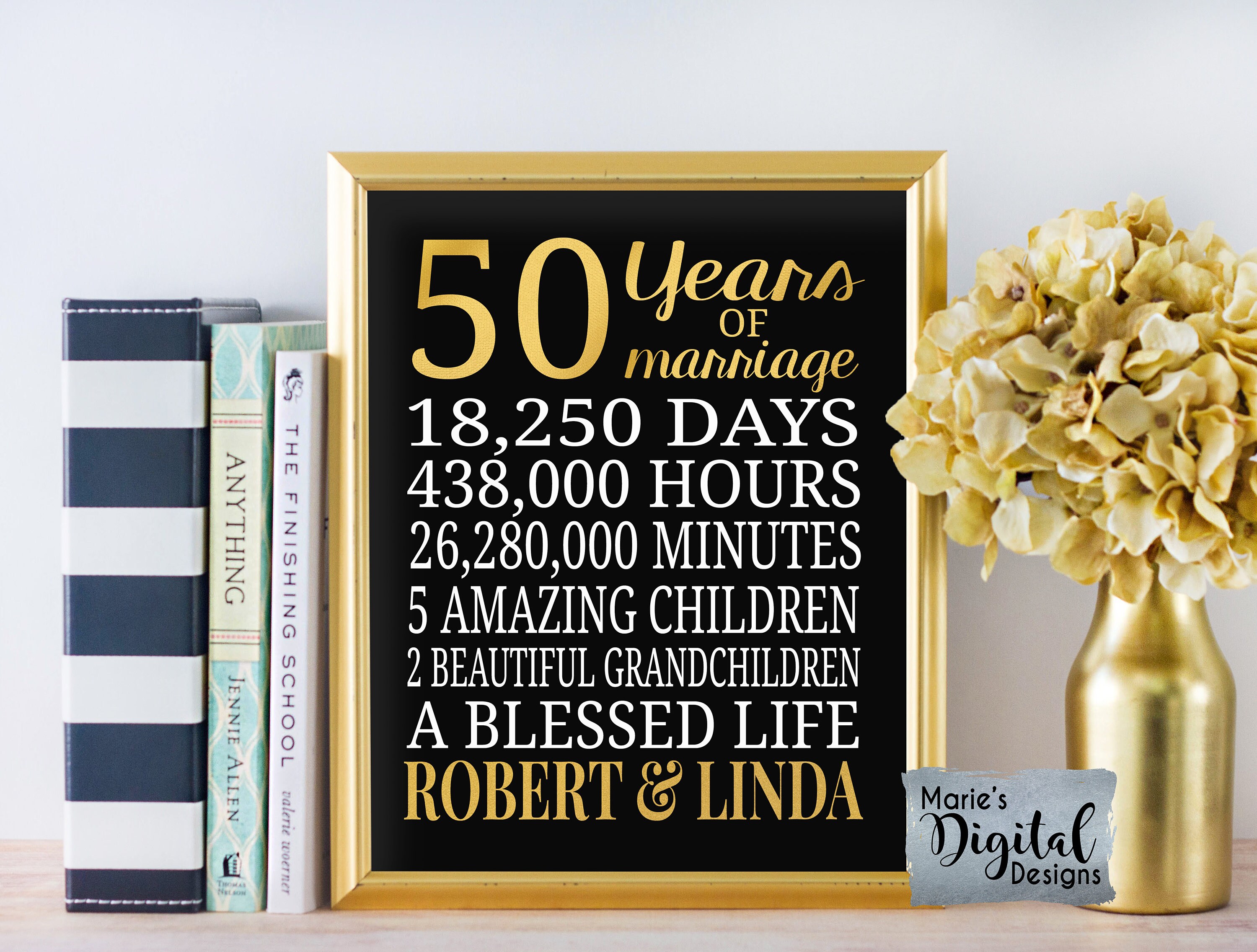 PRINTABLE Personalized 50 Years of Marriage Wall Art / Black Gold White ...