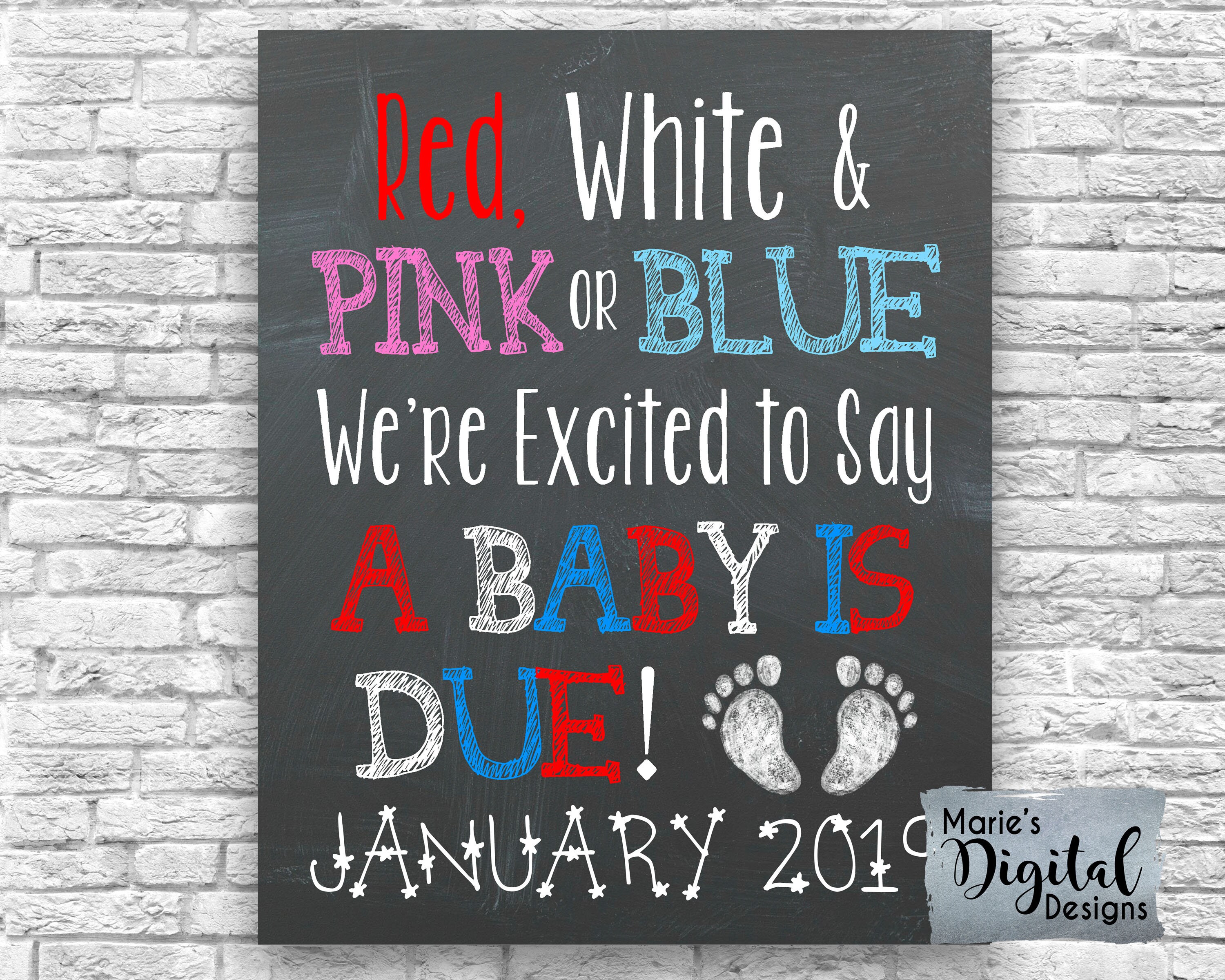 PRINTABLE Red, White & Pink or Blue We're Excited to Say A Baby is Due ...