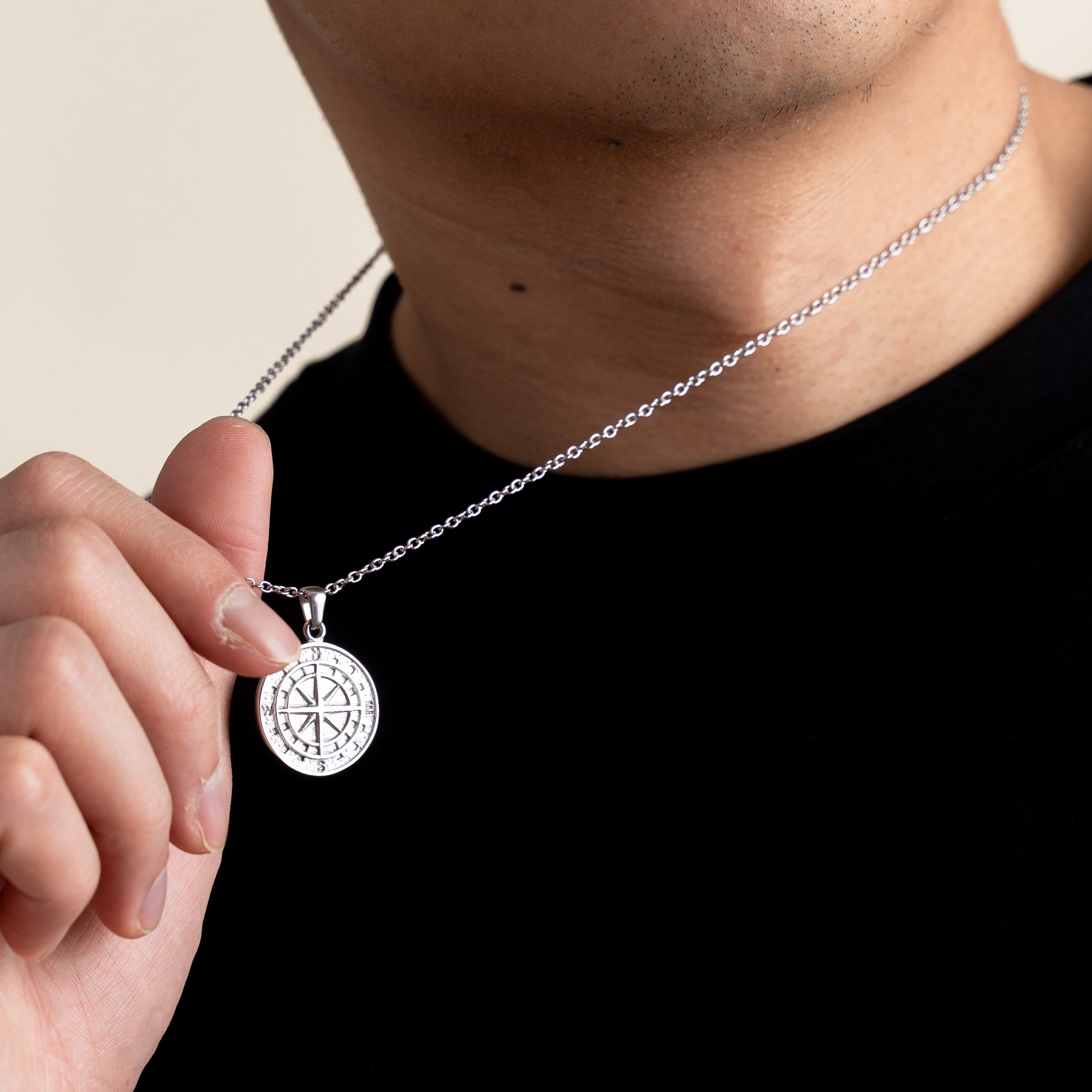 Silver Compass Necklace Men Stainless Steel Compass Pendant Silver Coin Pendant Tarnish Resistant Acier Inoxydable Collier Homme Etsy