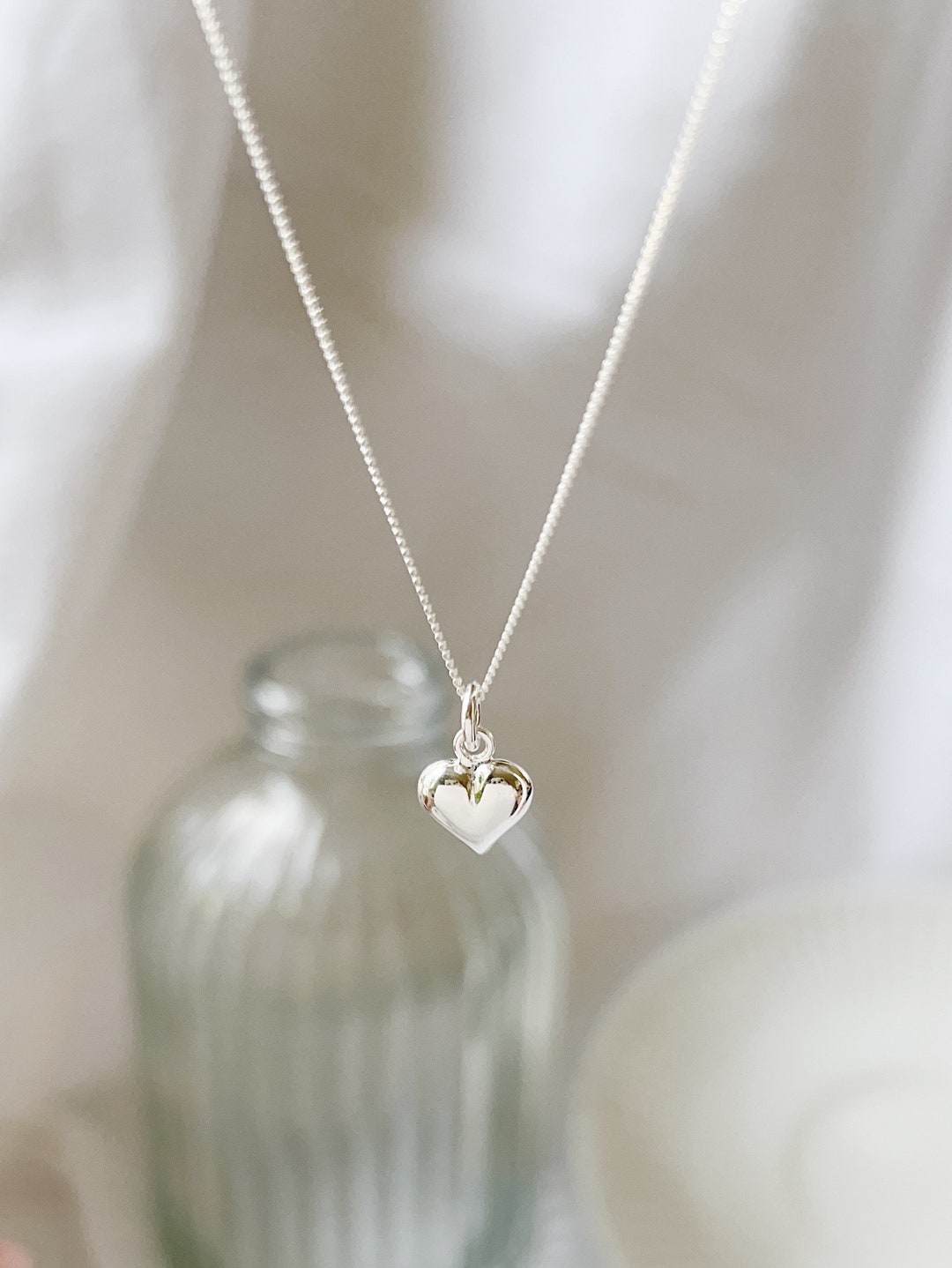 Sterling Silver Puffed Heart Necklace: Petite Heart Charm - Etsy