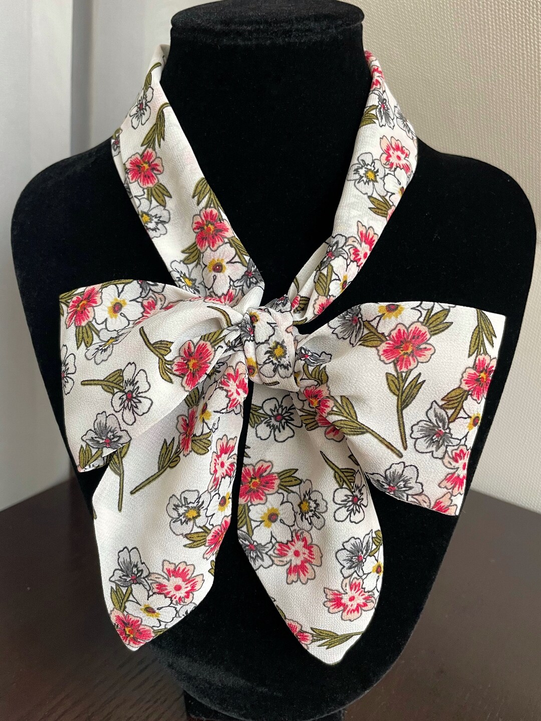 Floral Print Chiffon Silk Scarf - Long Skinny Neckerchief - Red & White ...