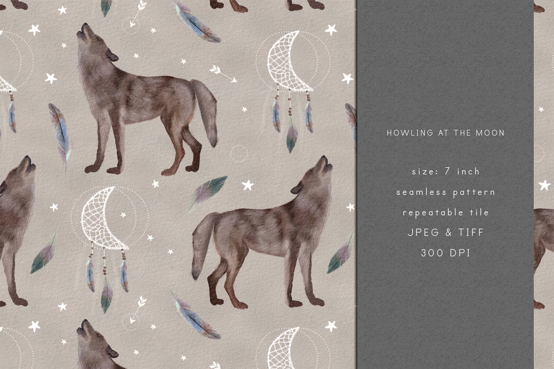 Wolf Seamless Pattern, Wolf Moon Feathers Beige Surface Pattern, Fabric ...