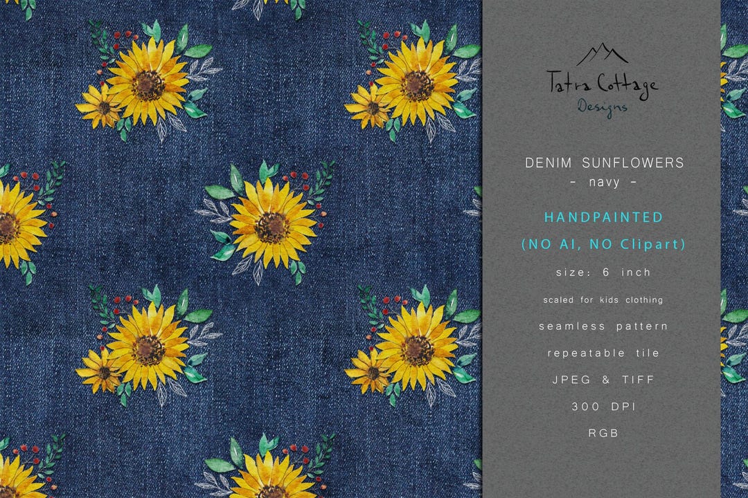 Sunflowers Faux Denim Seamless Pattern Design Jeans Floral Fabric Print ...