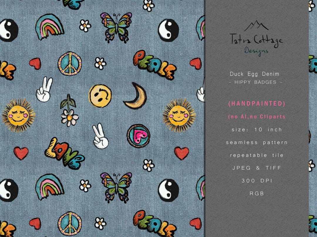Hippy Summer Denim Seamless Pattern Design With Rainbow Jing Jang ...