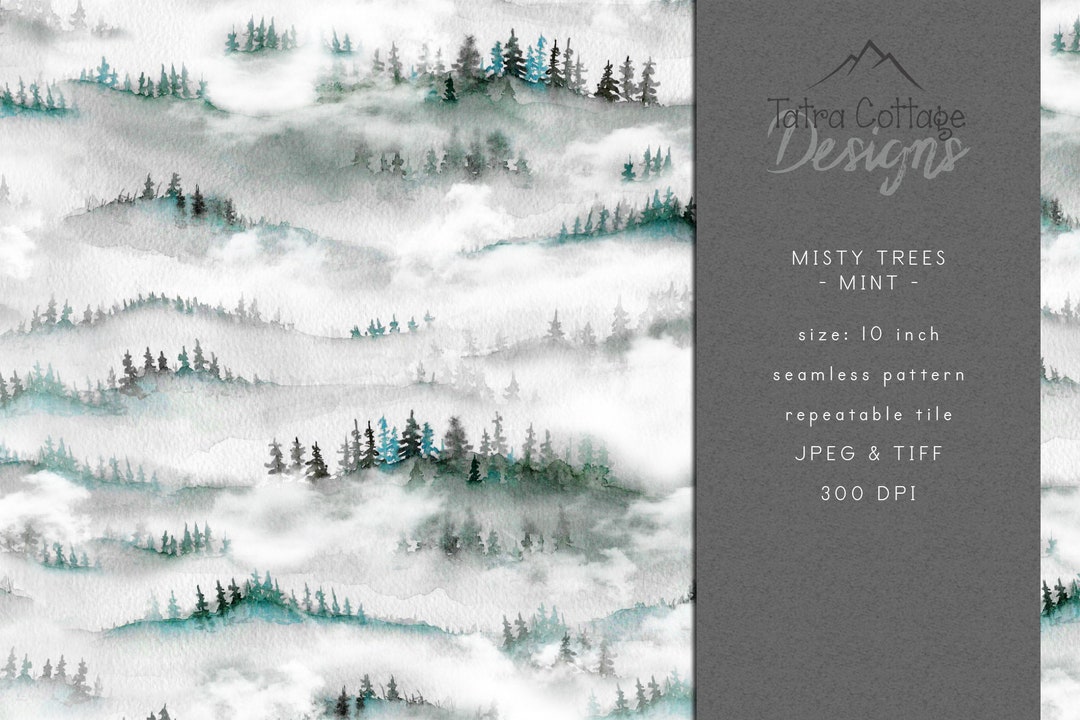 Magic Forest Seamless Pattern in Mint, Foggy Trees, Digital Download Paper - Etsy