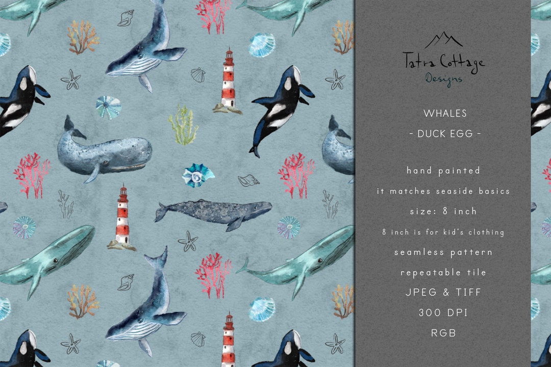 Watercolor Whales Seamless Pattern: Nautical Ocean Design (JPEG, TIFF ...