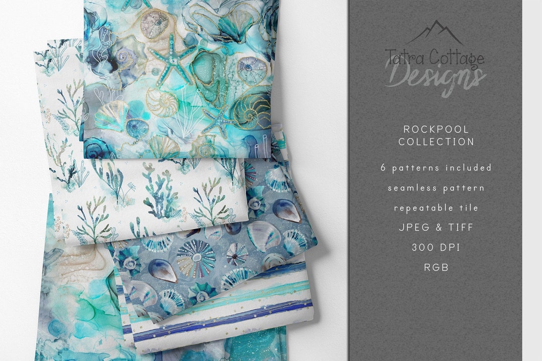 Nautical Seamless Pattern Bundle Set, Rockpool and Shells With Beach ...