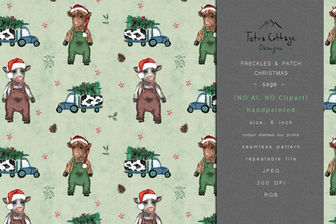 Christmas Farm Cows Seamless Pattern: Freckles & Patch on Sage Green ...