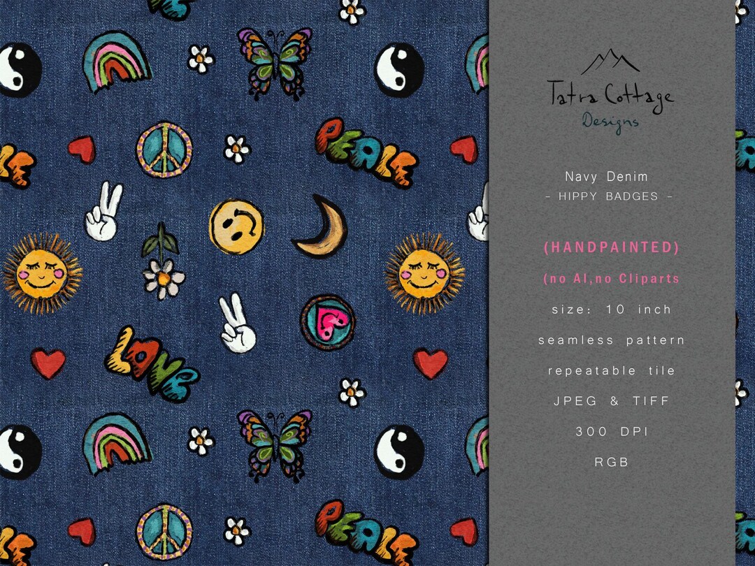 Hippy Summer Denim Seamless Pattern Design With Rainbow Jing Jang, Dark ...