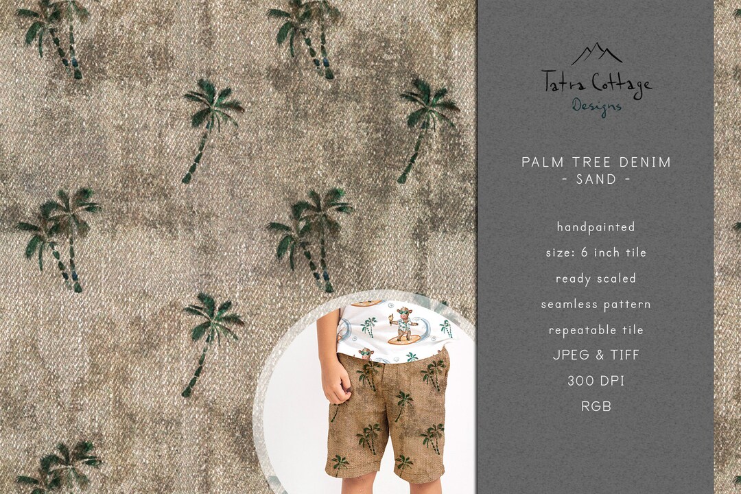 Beige Denim Palm Tree Fabric Print: Seamless Jeans Pattern (JPEG, TIFF ...
