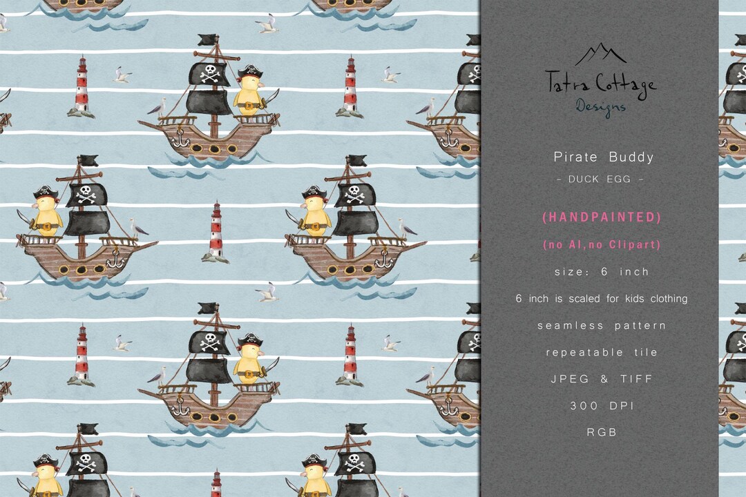 Pirate Buddy Duck Nautical Seamless Pattern: Boys Fabric (digital File ...