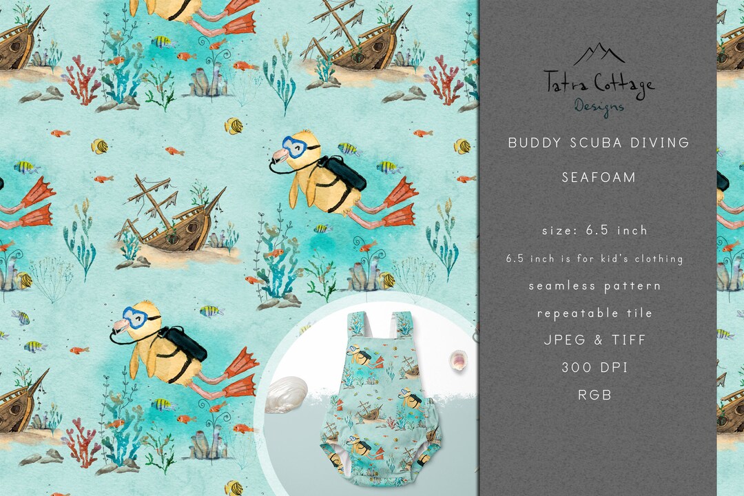 Summer Buddy Duck Scuba Diving Seamless Pattern: Beach Fabric Print ...