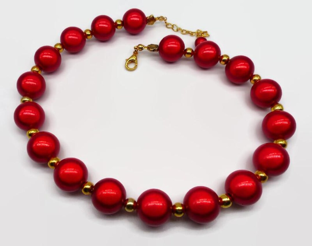 Red & Gold Large Bead Statement Necklace, Cherry Red Miracle Beads ...