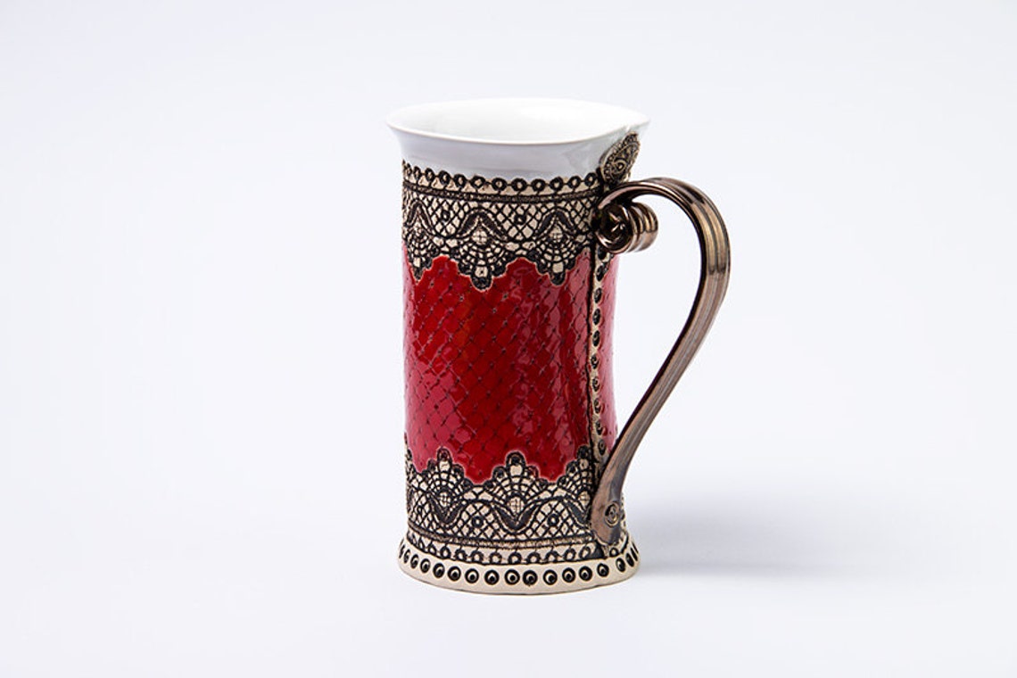 Handmade Red Stoneware Mug, Gold Bronze Handle, Unique Ceramic Coffee ...