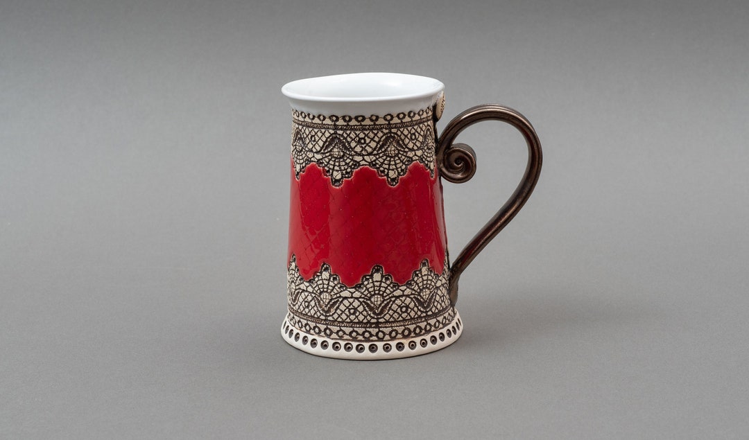 Handmade Red Stoneware Mug, Gold Bronze Handle, Unique Pottery - Etsy