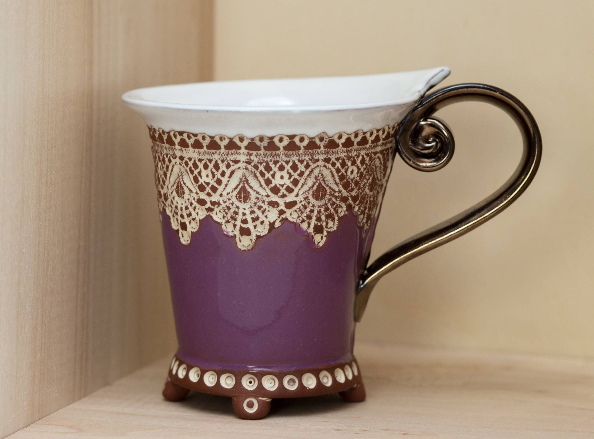 Handmade Ceramic Coffee Cup, Violet Pottery Mug, Gold Bronze Handle - Etsy