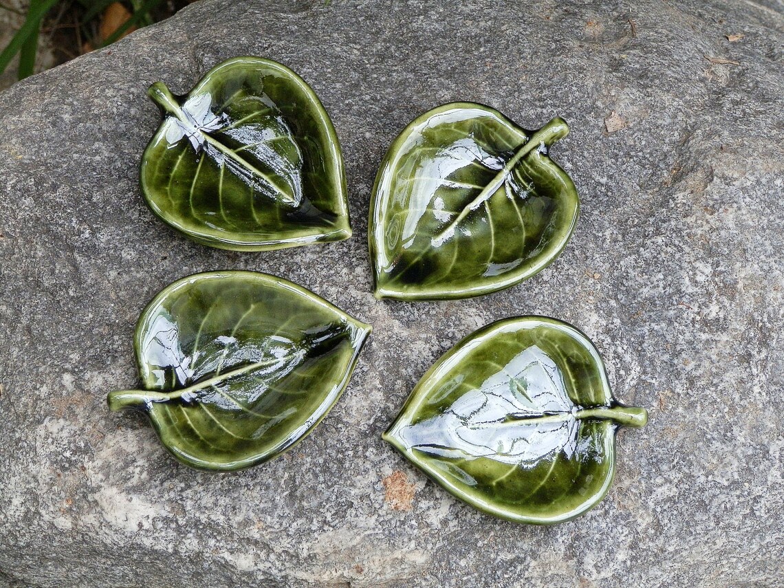 Set of Four Small Ceramic Leaf Dish Bathroom Decor Green - Etsy