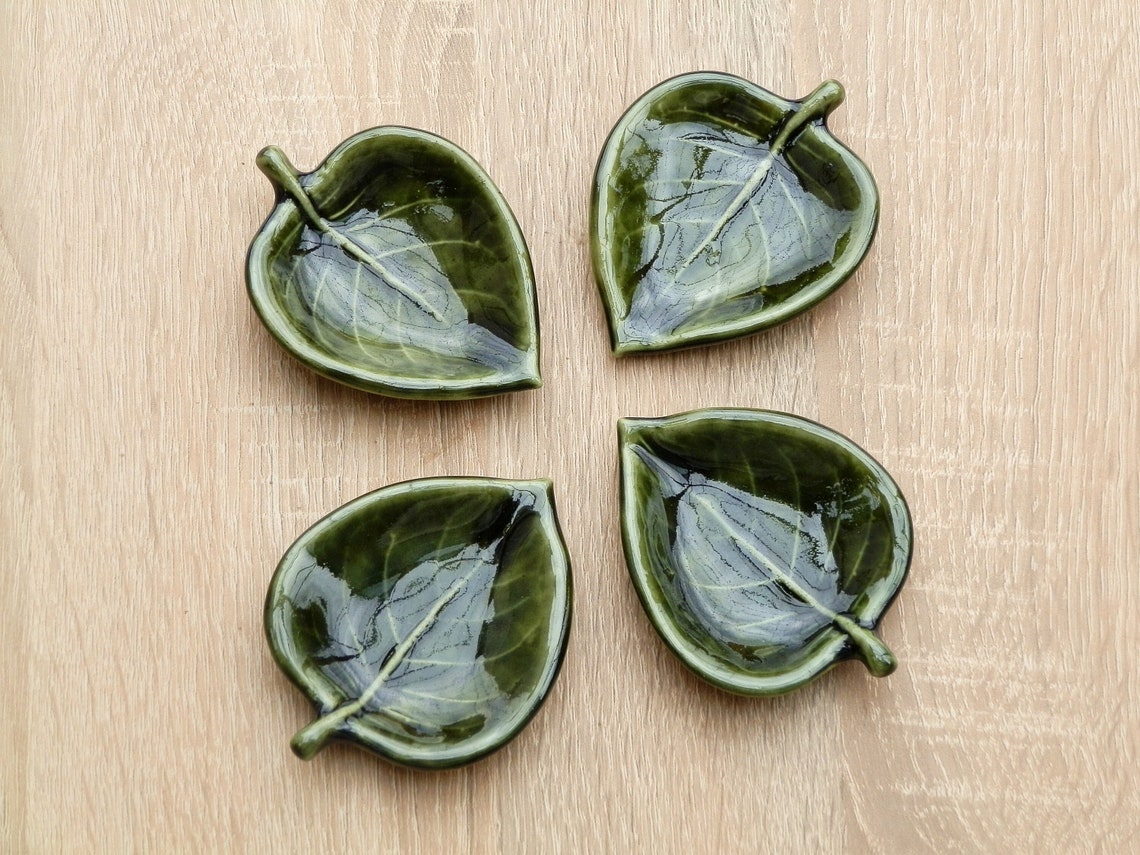Set of Four Small Ceramic Leaf Dish Bathroom Decor Green - Etsy