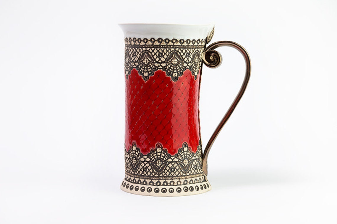 Handmade Red Stoneware Mug, Gold Bronze Handle, Unique Ceramic Coffee ...