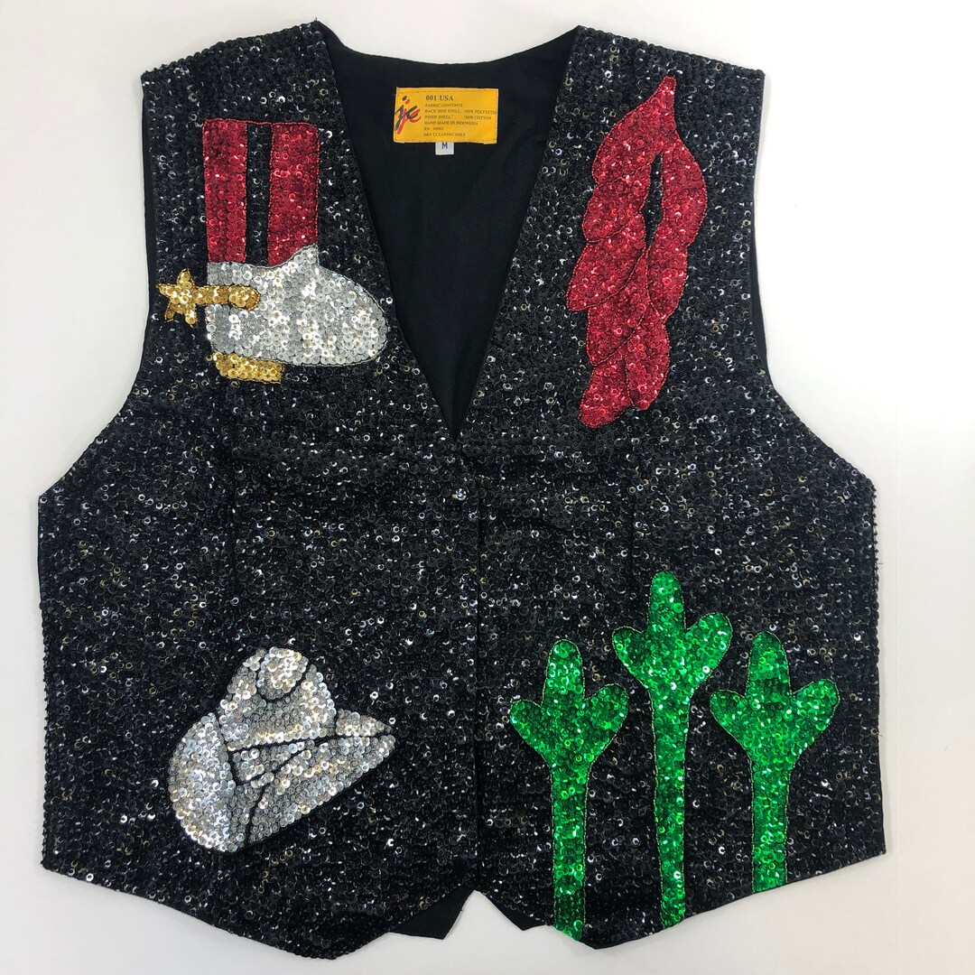 Southwest Sequin Vest - Black Sequin Vest With Boots, Chili Peppers ...