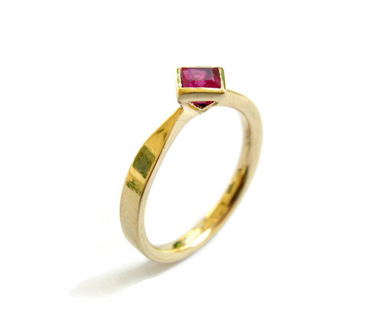 Square Ruby Ring Unique Engagement Ring 14k Yellow Gold Ring