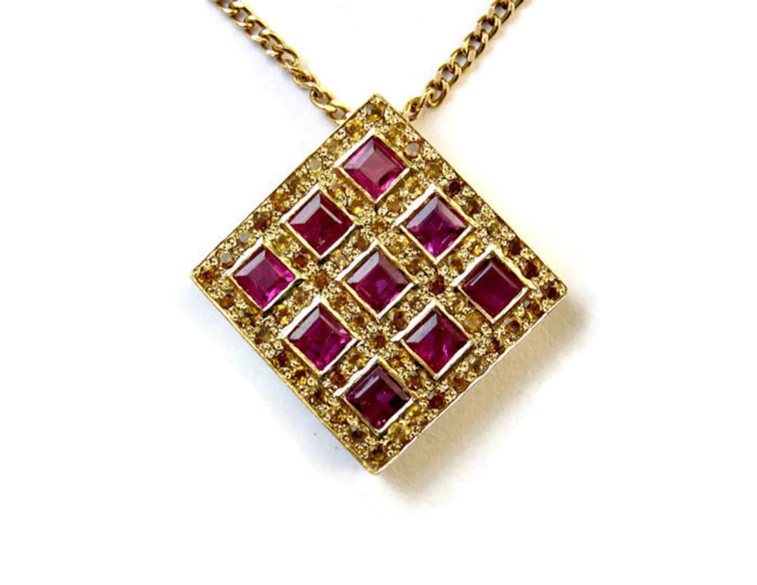 Ruby and Citrine Pendant, 14K Gold Pendant, Square Necklace, Geometric ...