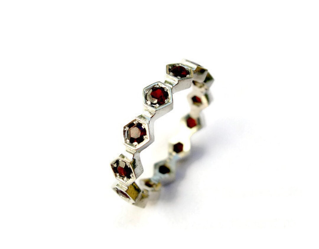 Geometric Ring, Hexagon Ring, Eternity Ring, Silver Ring With Garnet ...