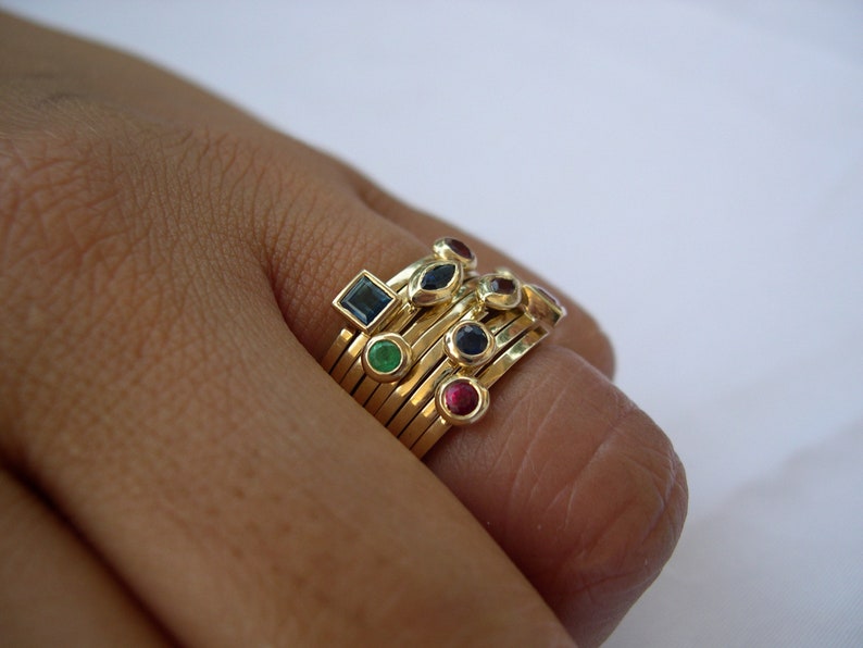 Multi Stacking Rings, 14k Yellow Gold Rings, Multi Colored Gemstones ...