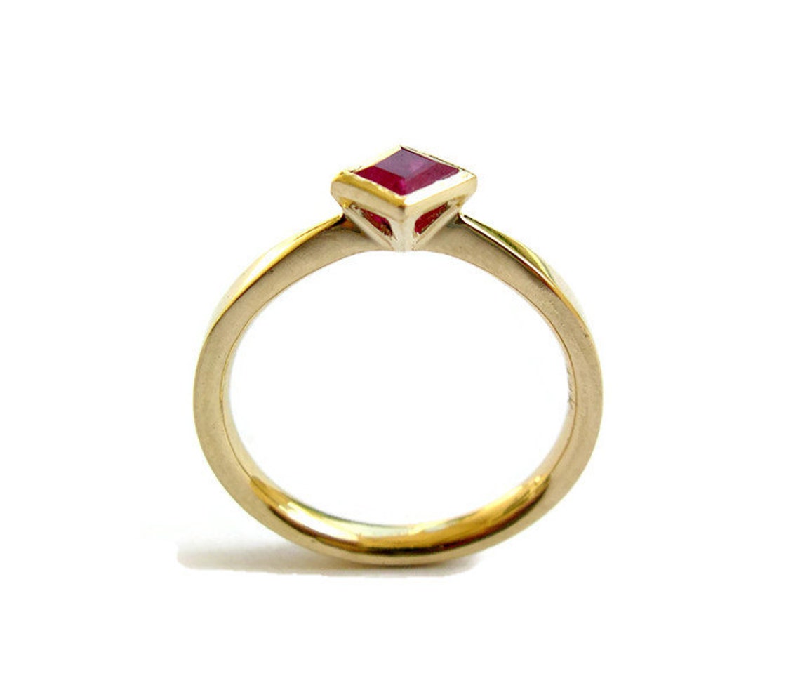 Square Ruby Ring Unique Engagement Ring 14k Yellow Gold Ring