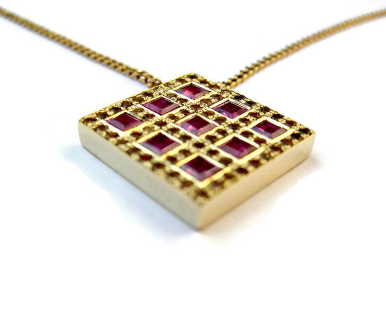 Ruby and Citrine Pendant, 14K Gold Pendant, Square Necklace, Geometric ...