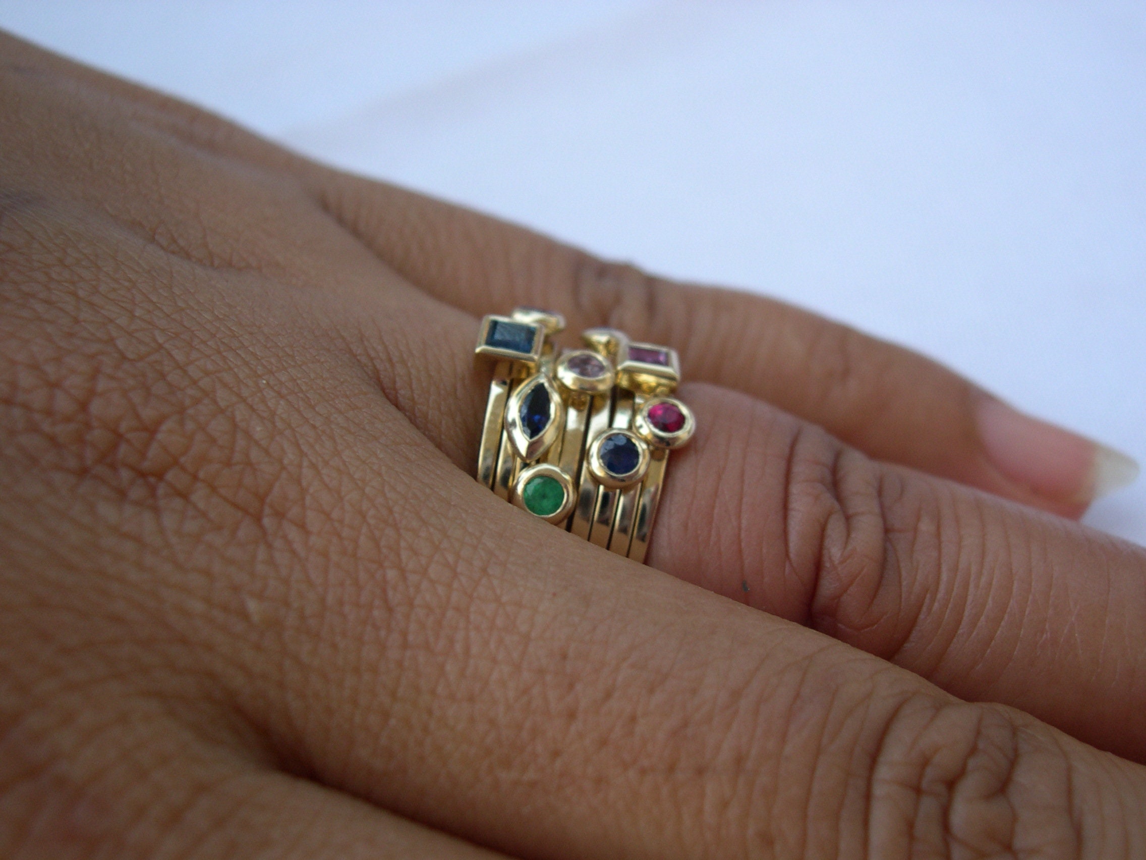 Multi Stacking Rings, 14k Yellow Gold Rings, Multi Colored Gemstones ...