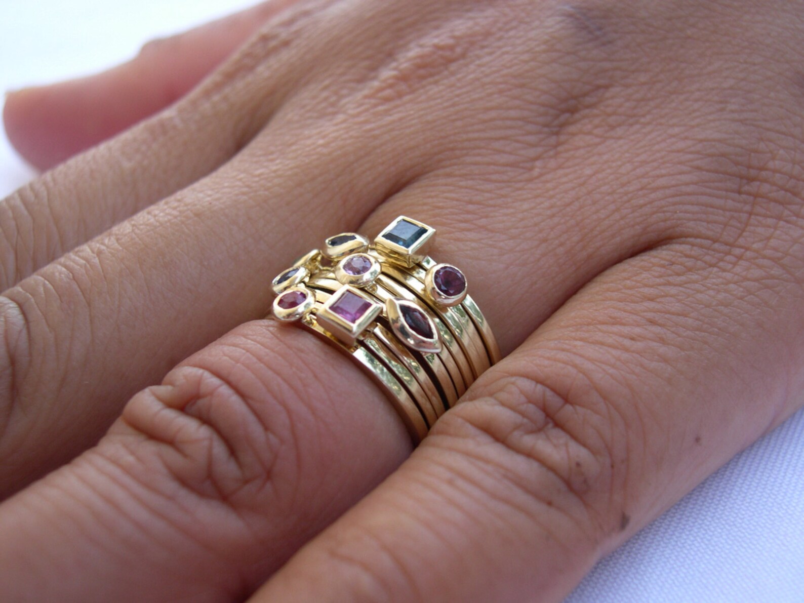 Multi Stacking Rings, 14k Yellow Gold Rings, Multi Colored Gemstones ...