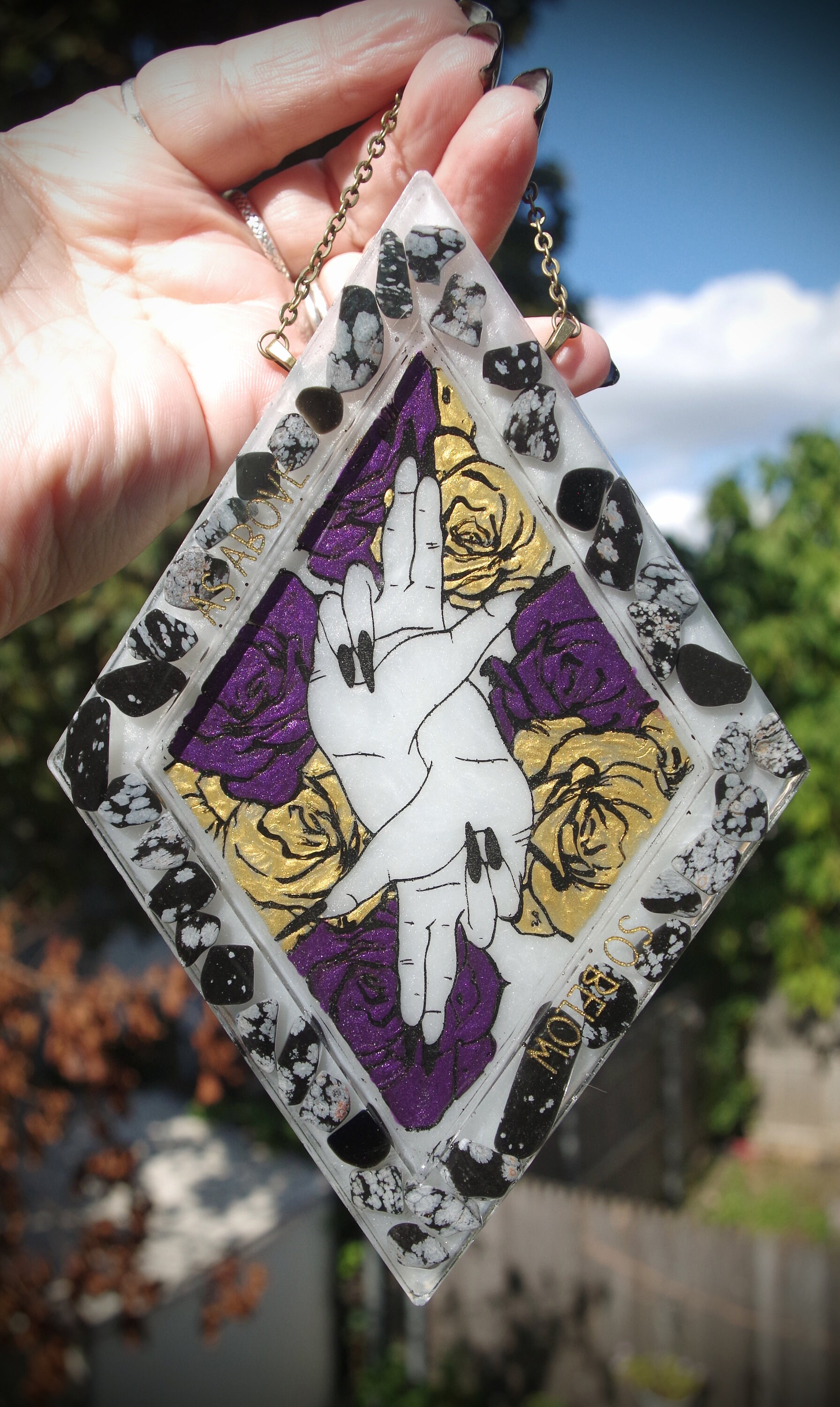 Snowflake Obsidian Botanical Purple and Gold Flowers As Above So Below ...
