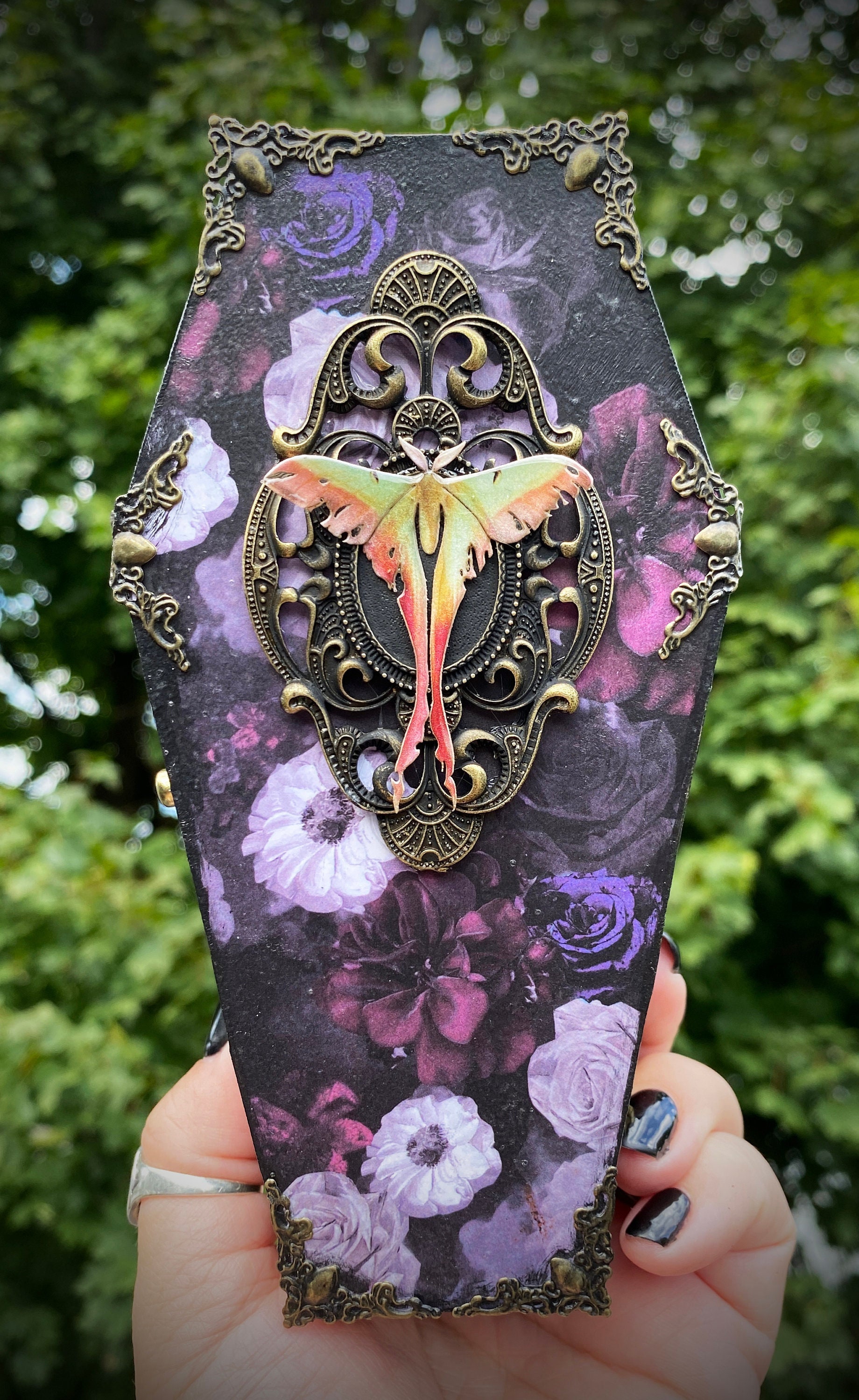 Dark Night Garden Tattered Chinese Moon Moth Purple Dark Floral Coffin ...