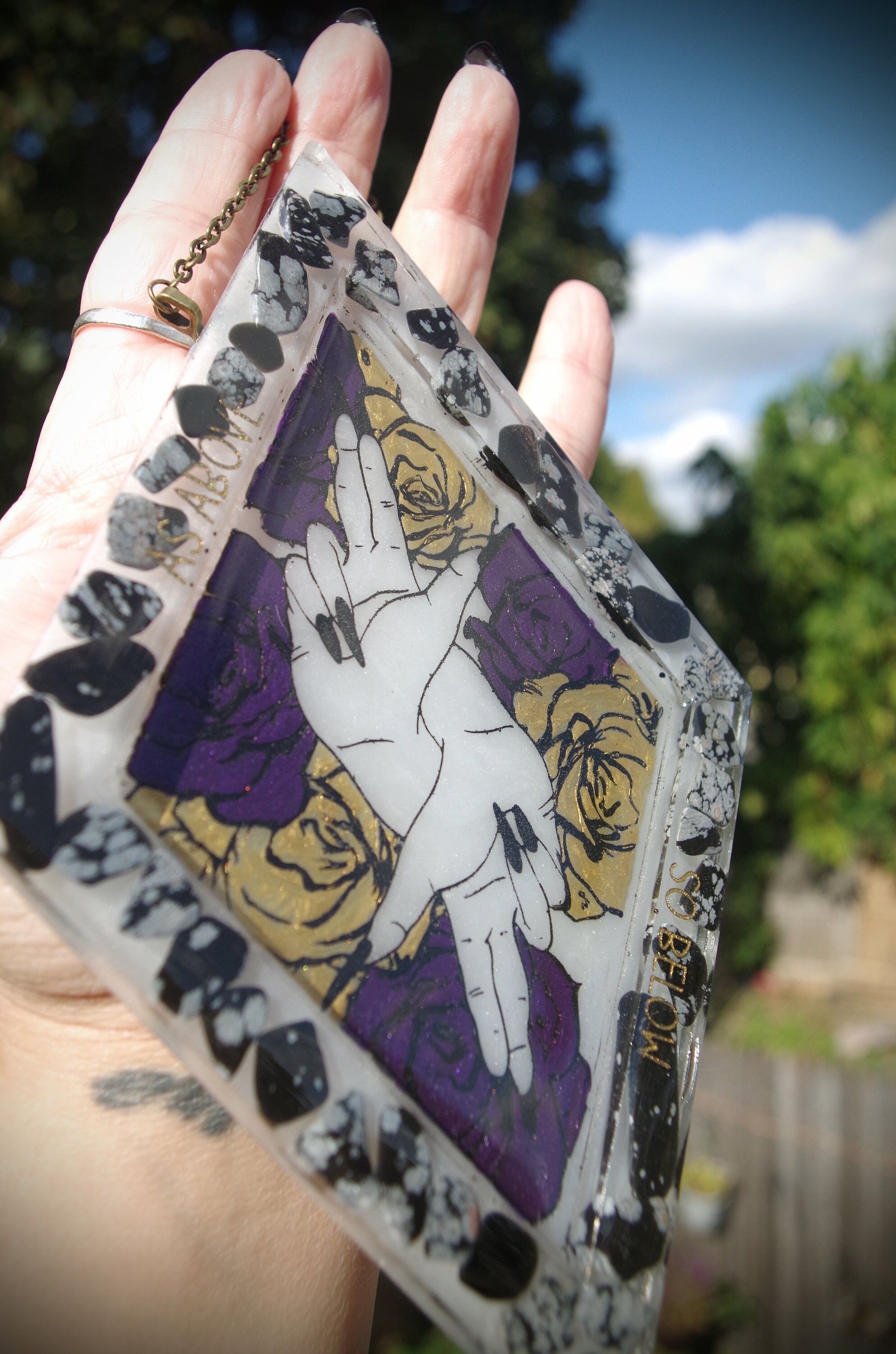 Snowflake Obsidian Botanical Purple and Gold Flowers As Above So Below ...