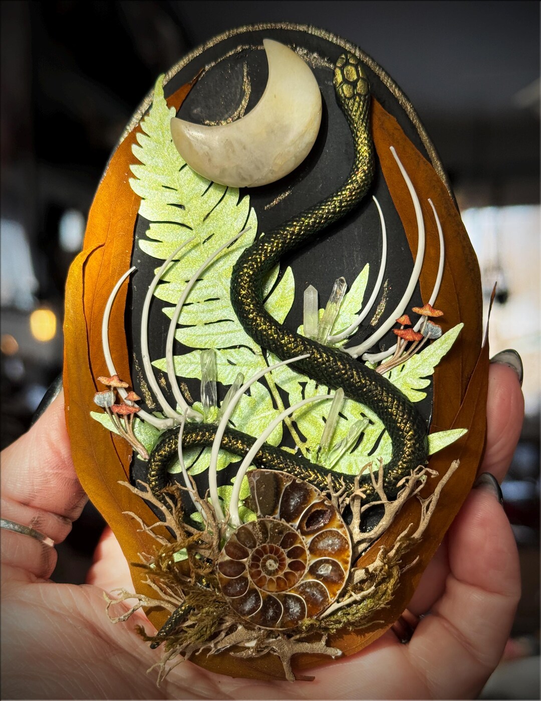Macabre Green/gold Hand Made Occult Snake W/ Ferns & Mushrooms Snake ...