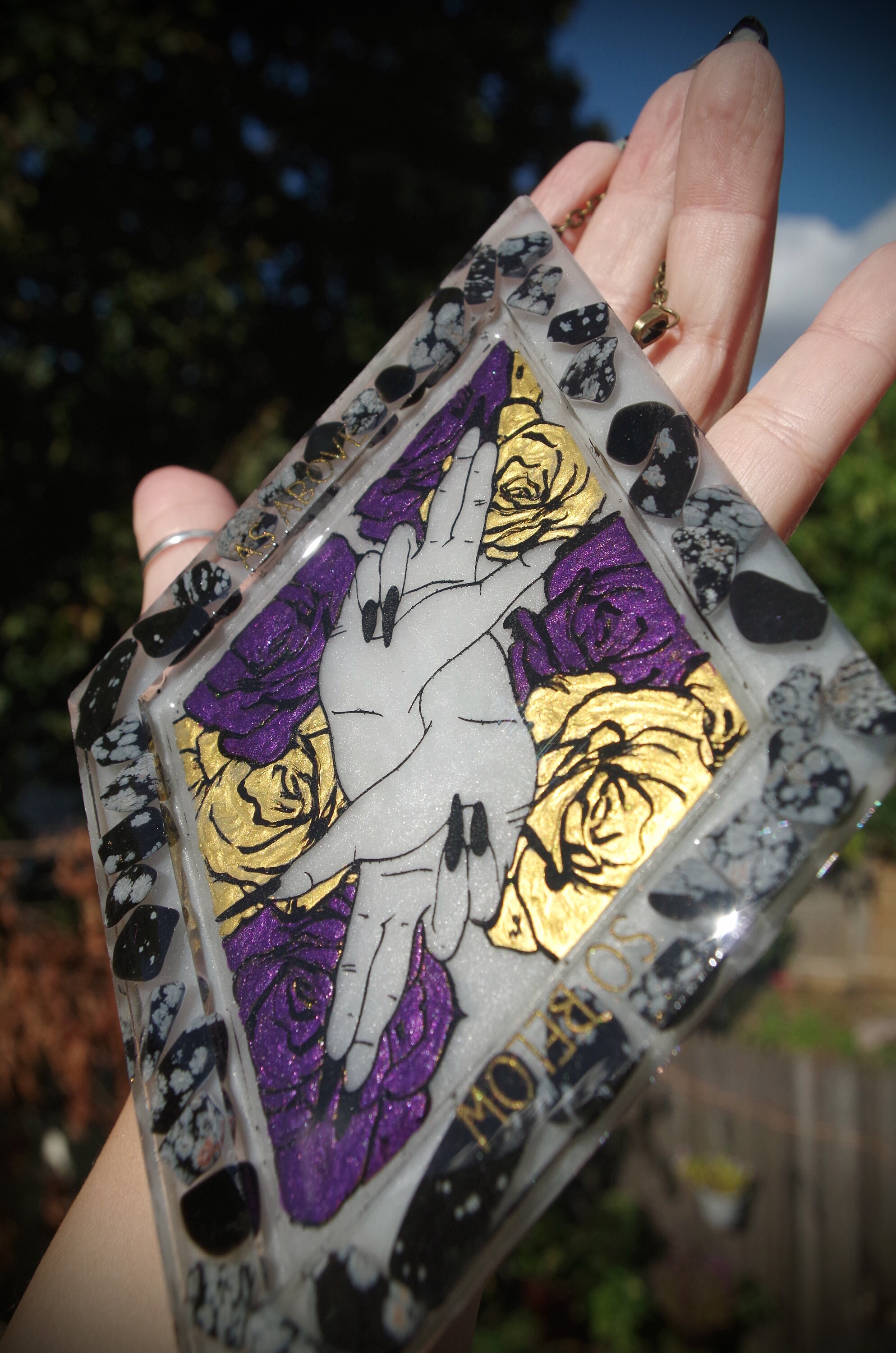 Snowflake Obsidian Botanical Purple and Gold Flowers As Above So Below ...